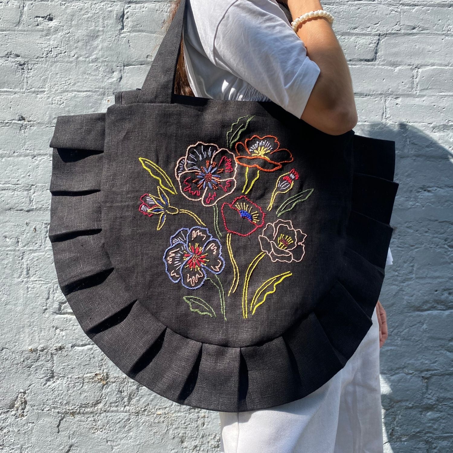 Wild Blooms Hand-Embroidered Linen Bag - Fine Cell Work